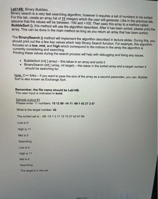 Solved Lab14B: Binary Bubbles. Binary search is a very fast | Chegg.com