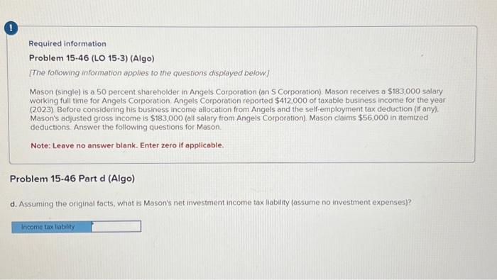 Solved Required information Problem 15-46 (LO 15-3) (Algo) | Chegg.com