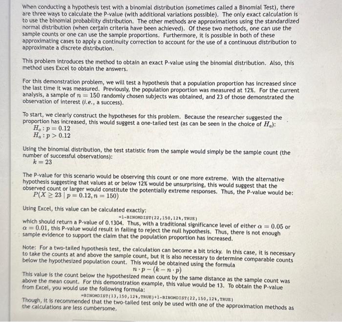 Solved When conducting a hypothesis test with a binomial | Chegg.com