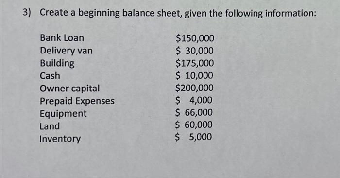 Create a beginning balance sheet, given the following | Chegg.com