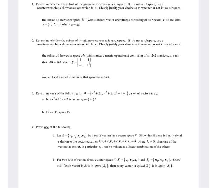Solved 1. Determine whether the subset of the given vector | Chegg.com