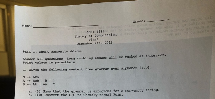 Solved Grade: Name: CSCI 4333 Theory of Computation Final | Chegg.com