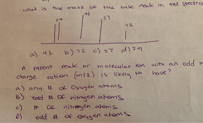 Solved the base peak in the spectra what is the mass of 43 | Chegg.com