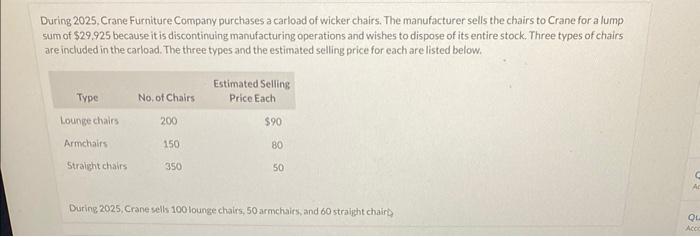 Solved During 2025, Crane Furniture Company purchases a | Chegg.com