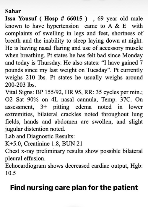 Solved Sahar Issa Yousuf ( Hosp # 66015 ) , 69 year old male | Chegg.com