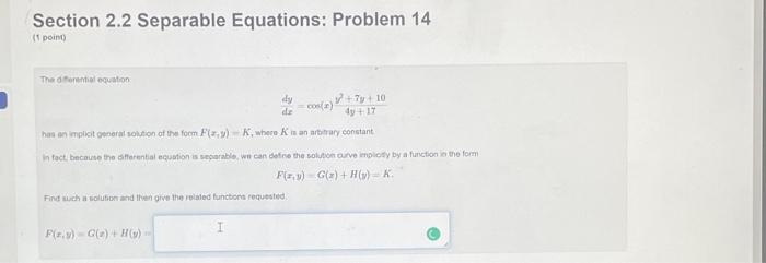 Solved Section 2.2 Separable Equations: Problem 14 (1 point) | Chegg.com
