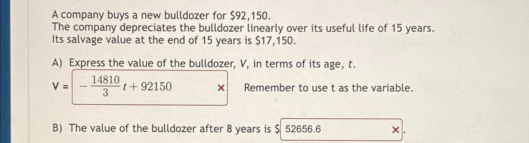 Solved A company buys a new bulldozer for $92,150.The | Chegg.com