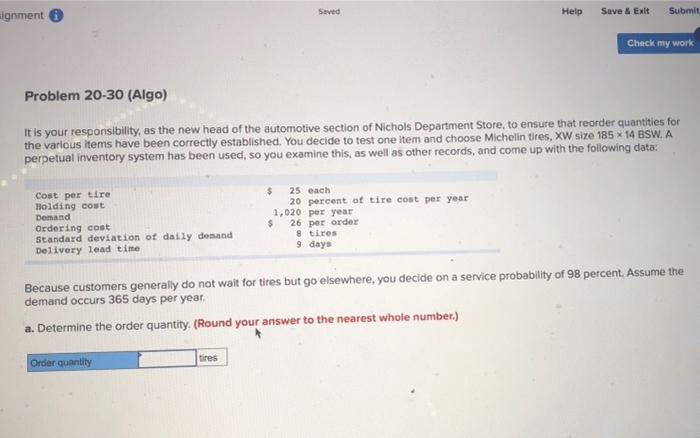 Solved Saved Help Save & Exit Submit Eignment Check my work | Chegg.com