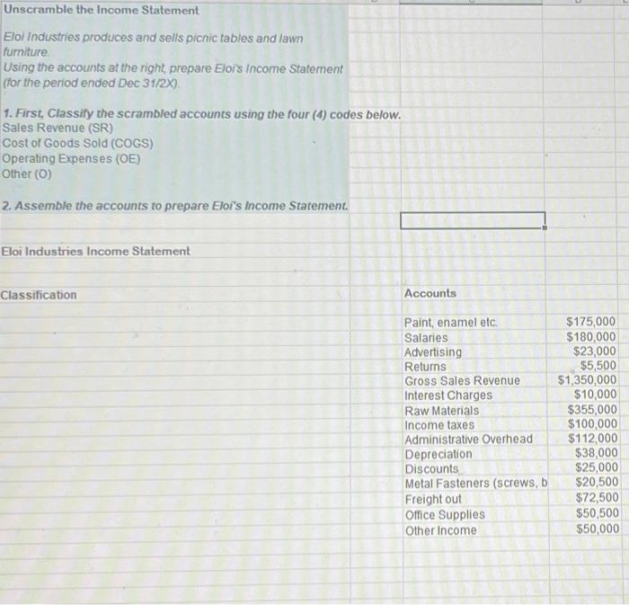 1 Unscramble the Income Statement 2 3 Eloi Industries | Chegg.com