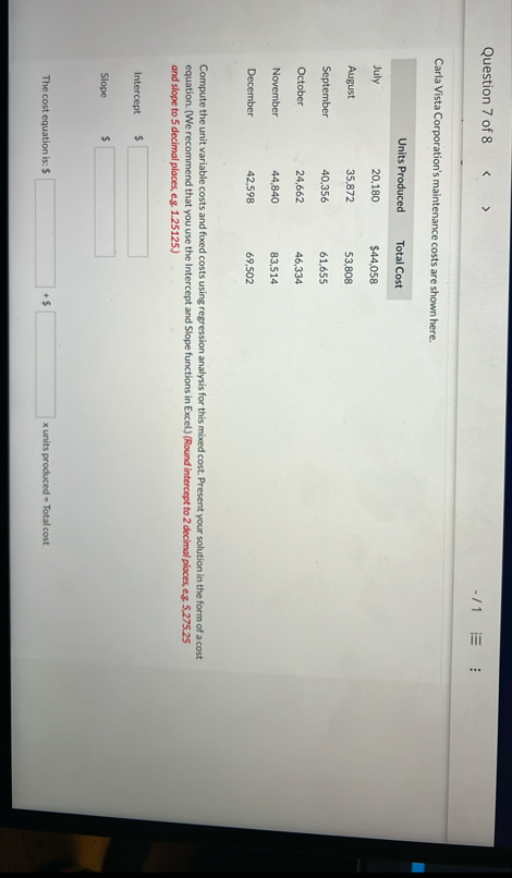 Solved Question 7 ﻿of 8-/1 泛 ﻿:Carla Vista Corporation's | Chegg.com