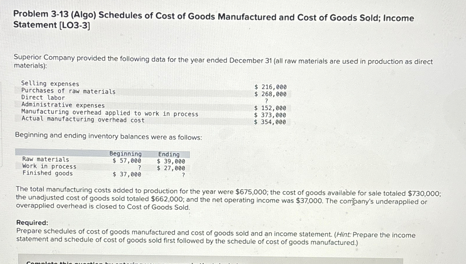 Solved Problem 3-13 (Algo) ﻿Schedules of Cost of Goods | Chegg.com