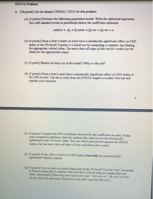 STATA Problem 4. (24 points) Use the dataset | Chegg.com