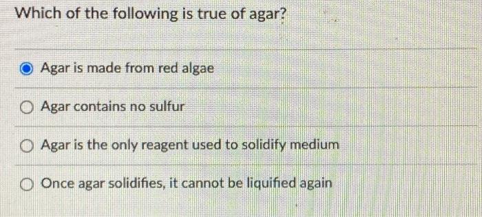 Solved Which of the following is true of agar? Agar is made | Chegg.com