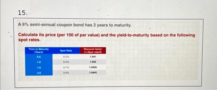 Solved 15. A 6% semi-annual coupon bond has 2 years to | Chegg.com