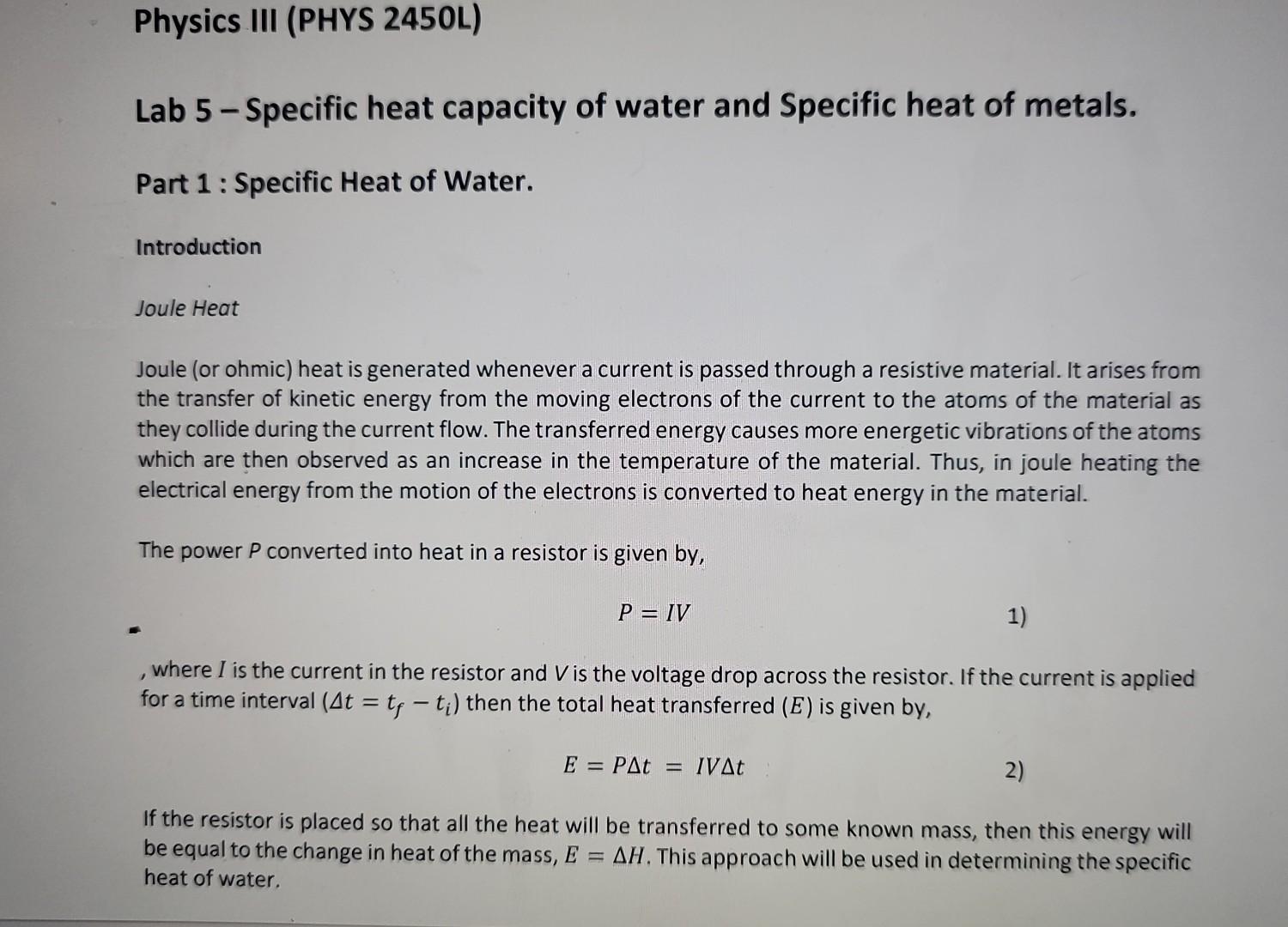 Solved what is the purpose of the Specific heat capacity of | Chegg.com