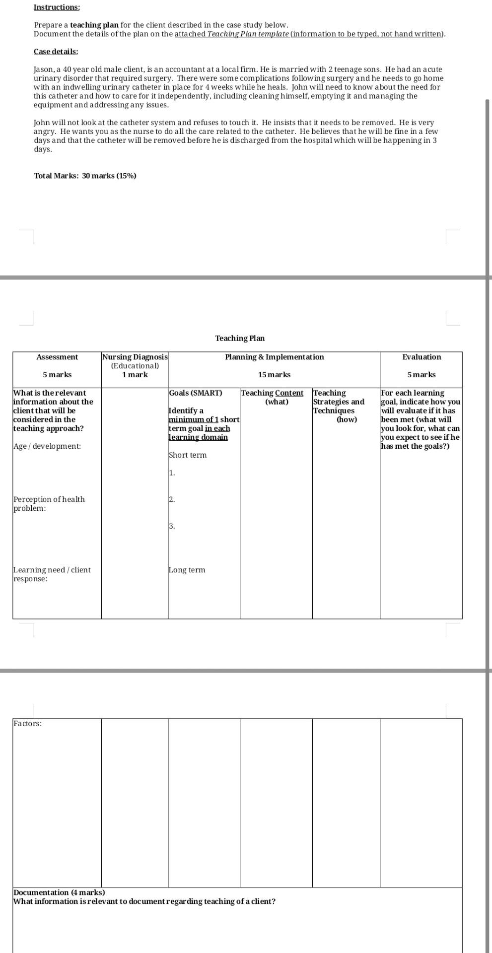 Solved Instructions: Prepare a teaching plan for the client | Chegg.com