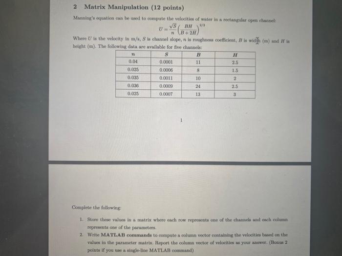 Solved U 2 Matrix Manipulation (12 points) Manning's | Chegg.com