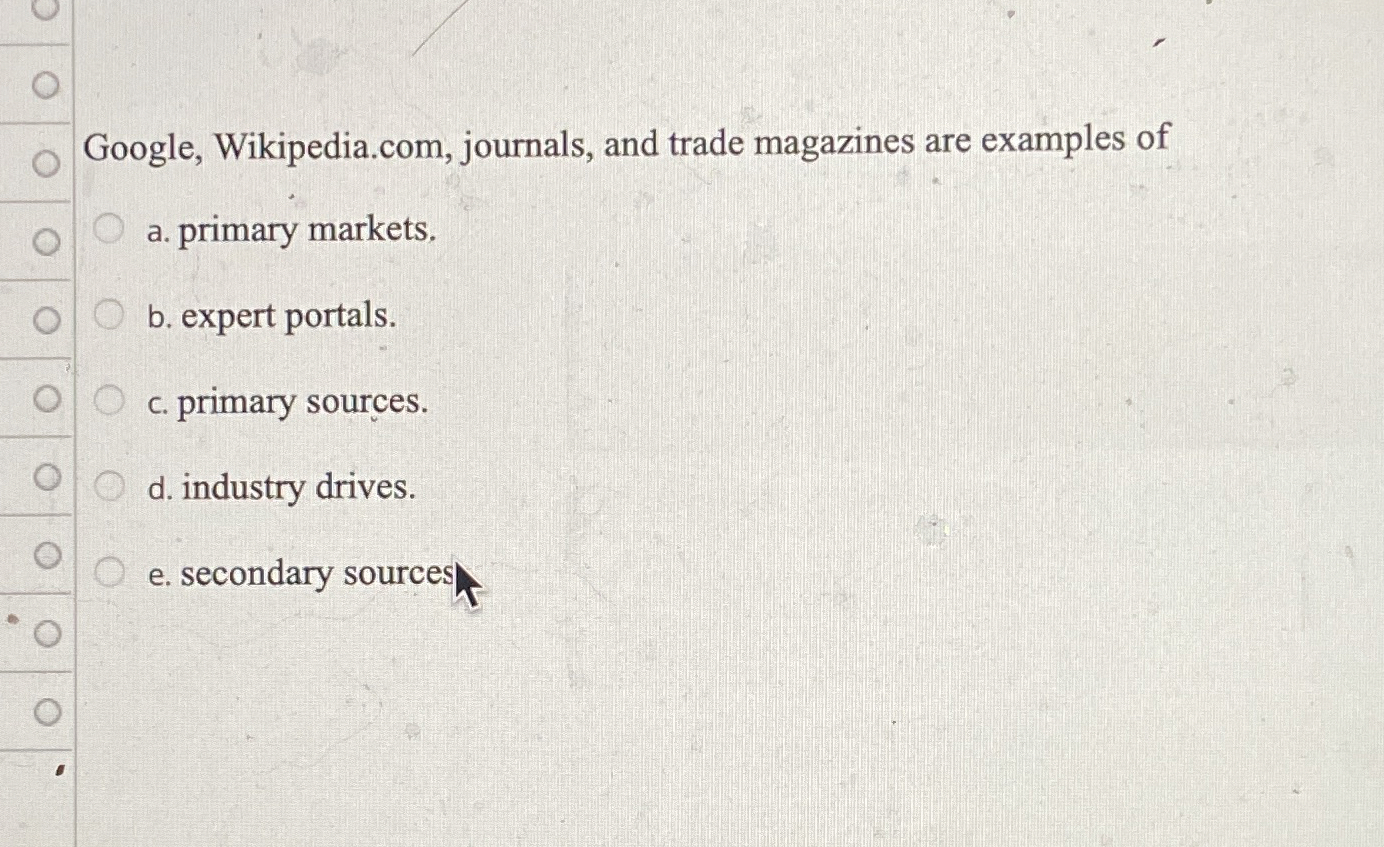 Solved Google, Wikipedia.com, journals, and trade magazines | Chegg.com