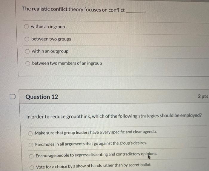 Solved The realistic conflict theory focuses on conflict | Chegg.com