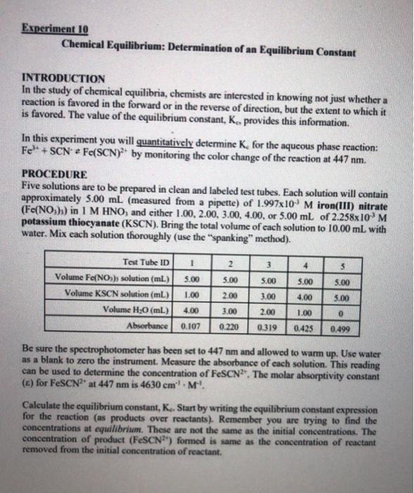 Solved Experiment 10 Chemical Equilibrium: Determination of | Chegg.com