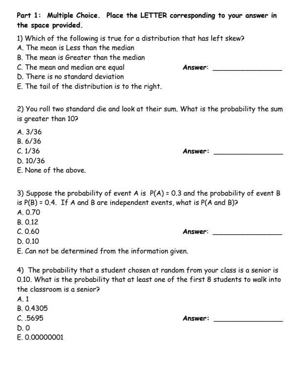 Solved Part 1: Multiple Choice. Place the LETTER | Chegg.com