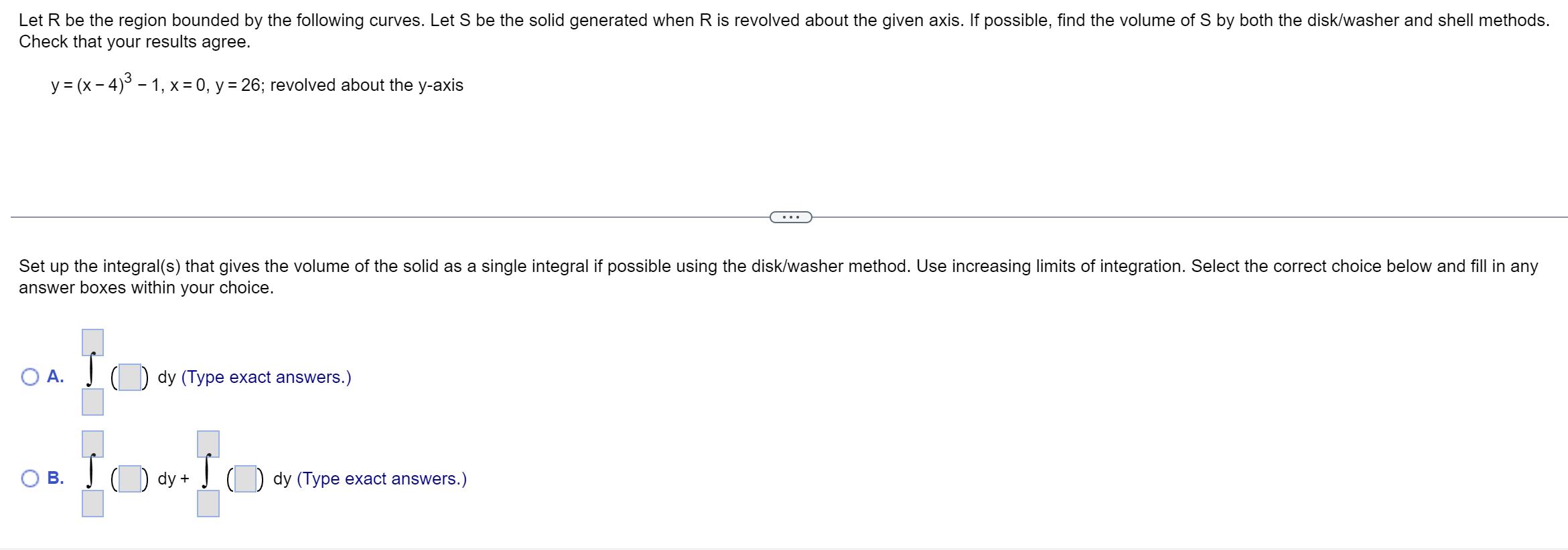 Solved y=(x-4)3-1,x=0,y=26; revolved about the y-axis Set up | Chegg.com