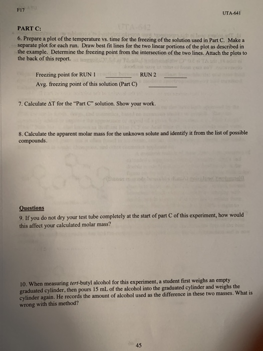 F17 UTA-641 LAB REPORT EXPERIMENT UTA-641 Freezing | Chegg.com