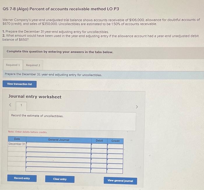 Solved QS 7-8 (Algo) Percent of accounts receivable method | Chegg.com