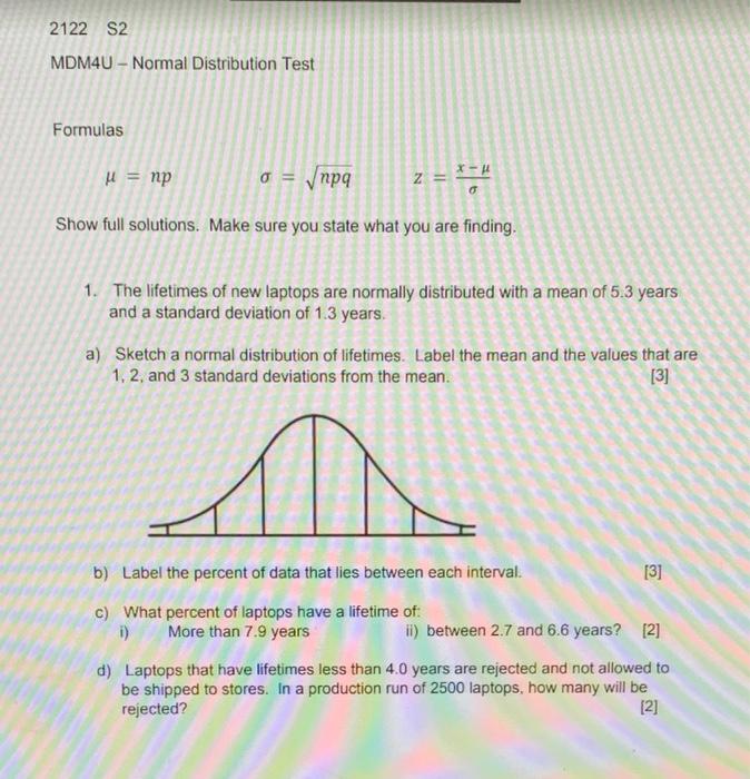 Solved 2122 S2 MDM4U - Normal Distribution Test Formulas u = | Chegg.com