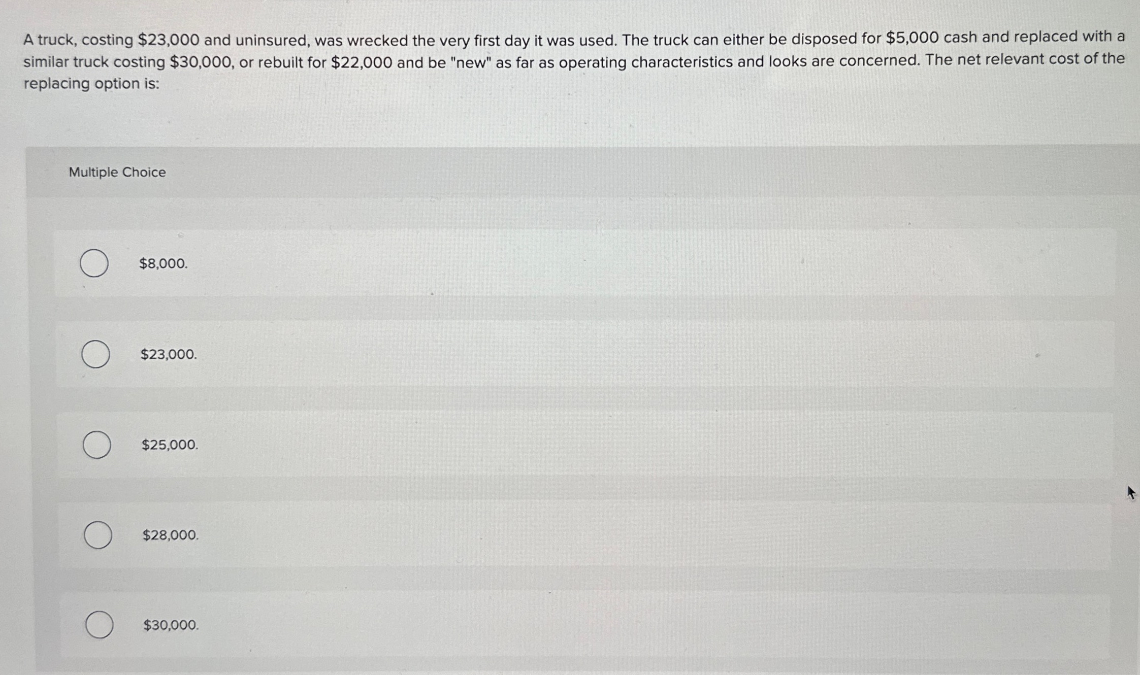 Solved A truck, costing $23,000 ﻿and uninsured, was wrecked | Chegg.com