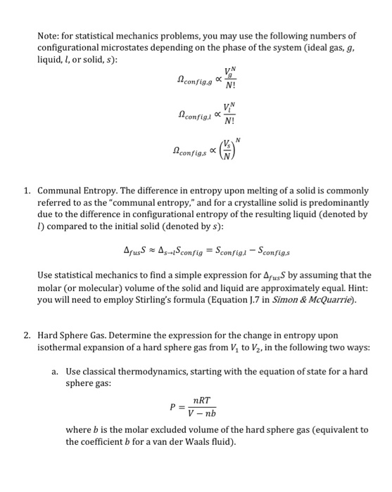 Solved Note: for statistical mechanics problems, you may use | Chegg.com