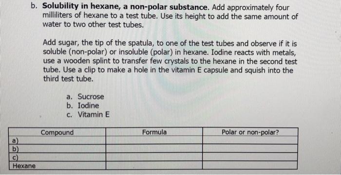 Solved b. Solubility in hexane, a non-polar substance. Add | Chegg.com