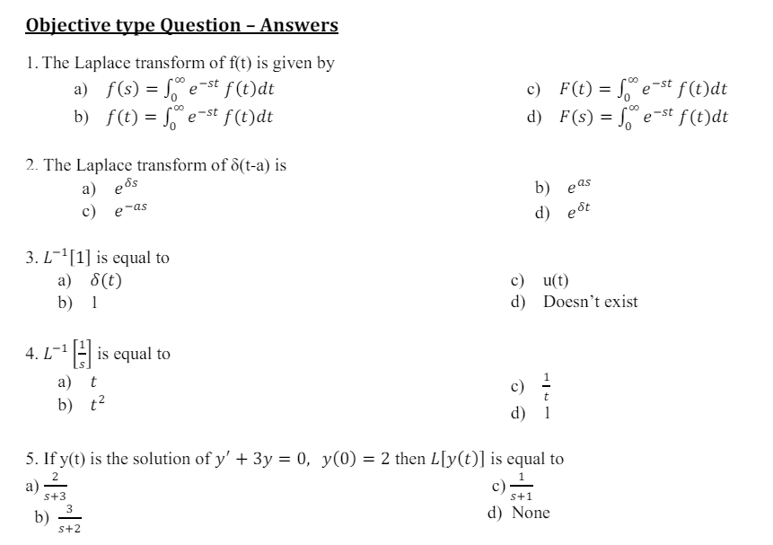 Solved Objective Type Question ﻿answersthe Laplace