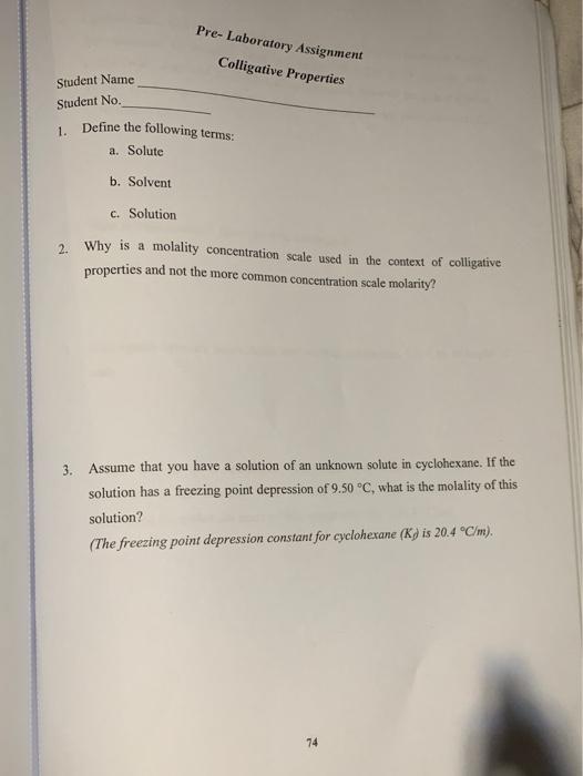 Solved Pre- Laboratory Assignment Colligative Properties | Chegg.com