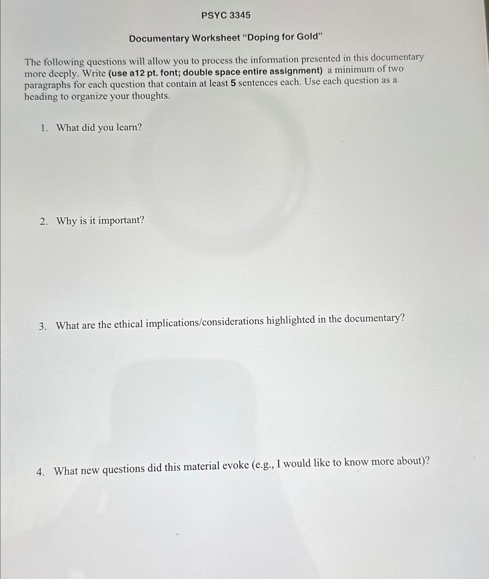 Solved PSYC 3345Documentary Worksheet "Doping for Gold"The | Chegg.com