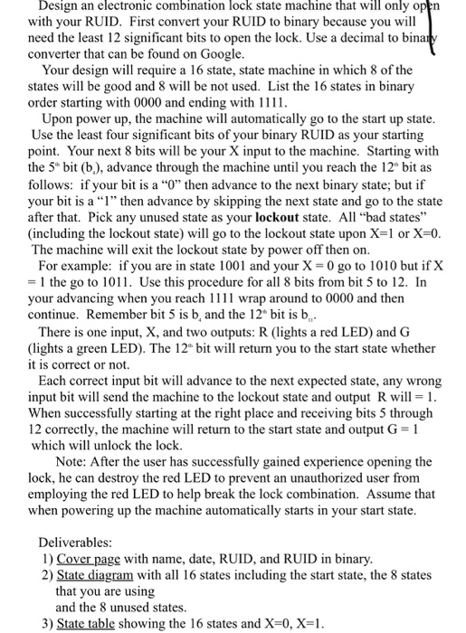 Design an electronic combination lock state machine | Chegg.com
