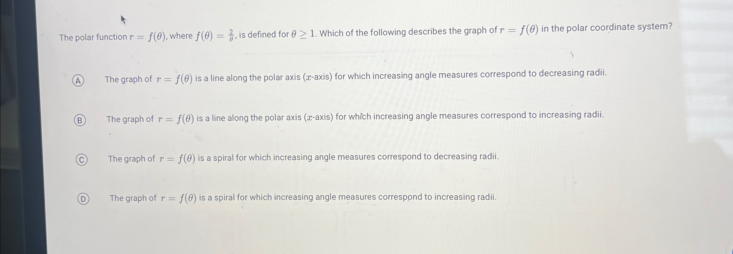 Solved The polar function r=f(θ), ﻿where f(θ)=2θ, ﻿is | Chegg.com