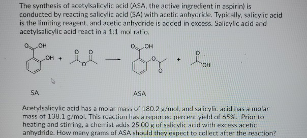 Solved The synthesis of acetylsalicylic acid (ASA, the | Chegg.com