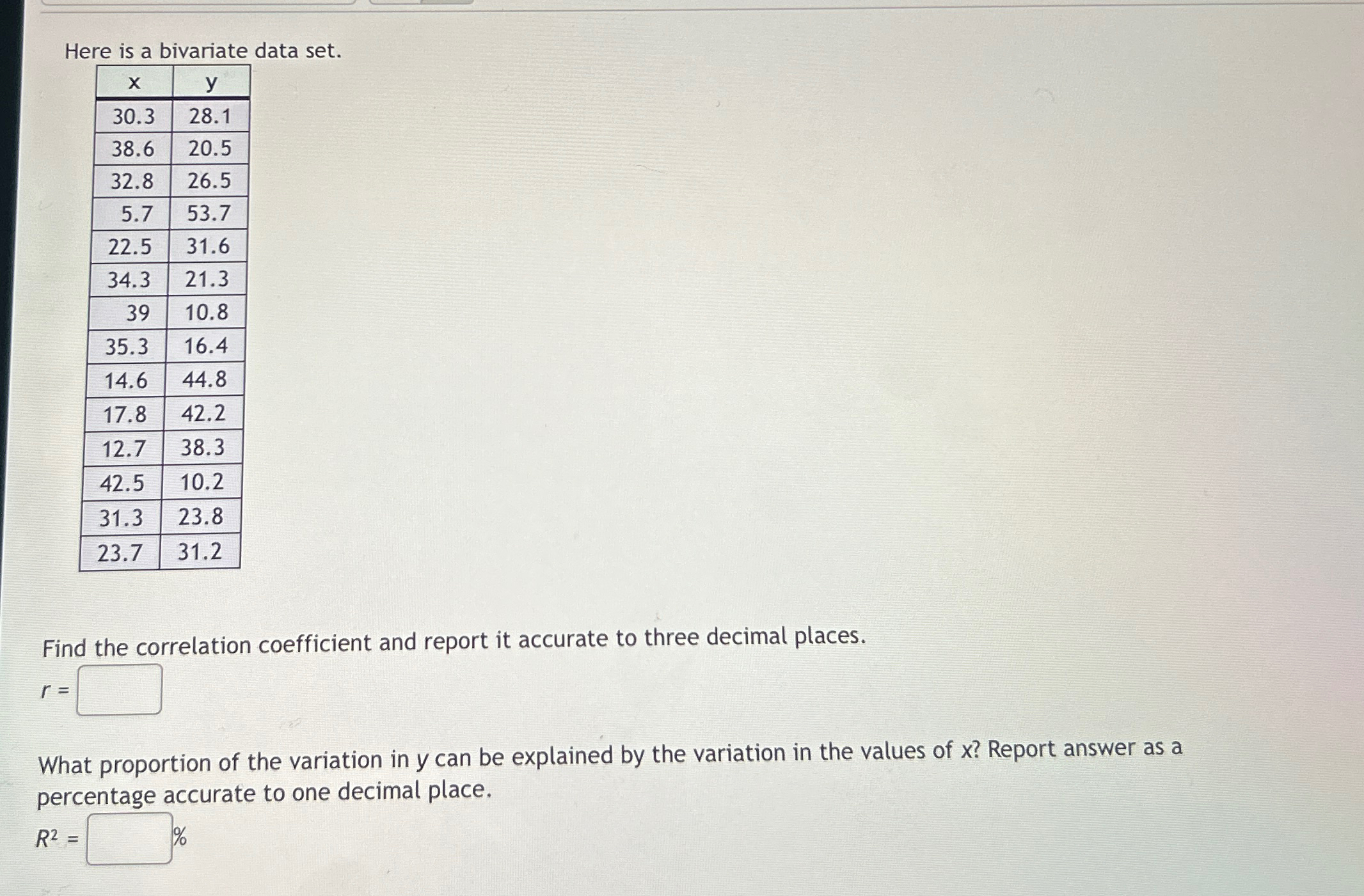 Solved Here is a bivariate data set.\table[[x,y | Chegg.com