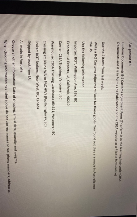 Assignment #8 Customs Documents B-2 Customs | Chegg.com