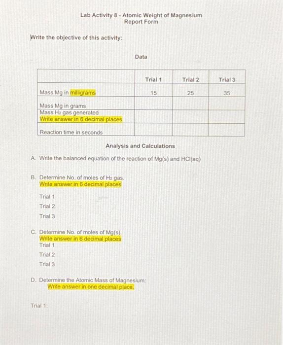Lab Activity 8-Atomic Weight of Magnesium Report Form | Chegg.com