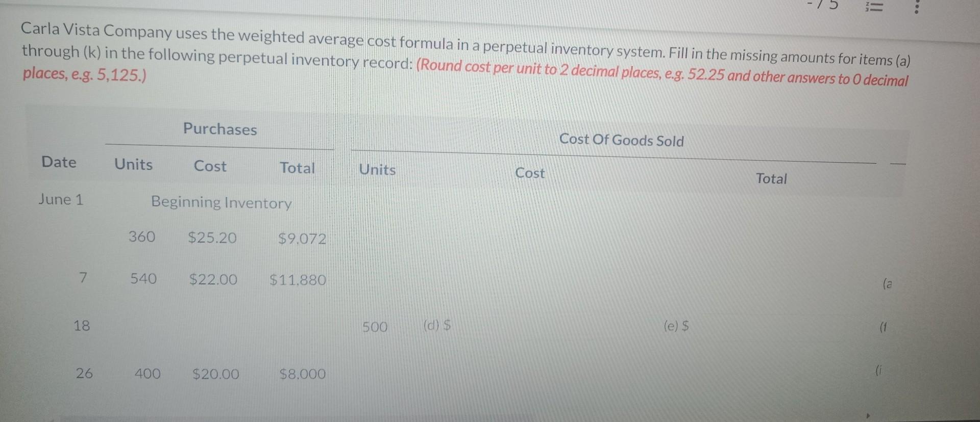 Solved Carla Vista Company uses the weighted average cost | Chegg.com