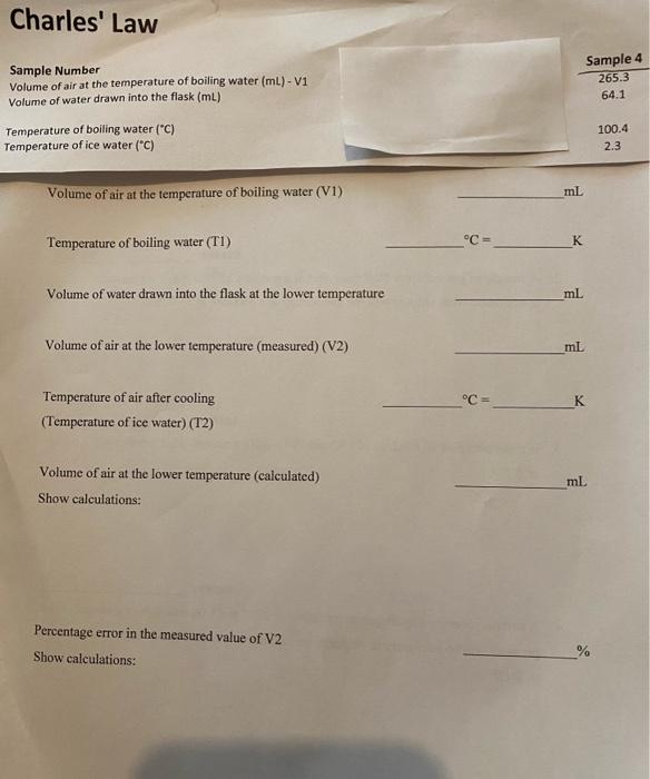 Solved Charles' Law Sample 4 265.3 64.1 Sample Number Volume | Chegg.com