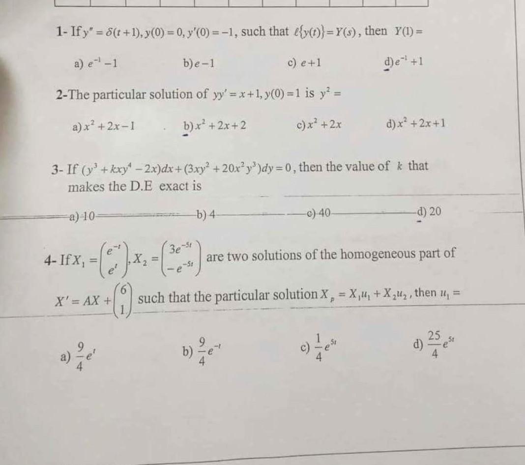 Solved 1 If Y′′ δ T 1 Y 0 0 Y′ 0 −1 Such That