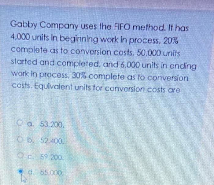 Solved Gabby Company uses the FIFO method. It has 4,000 | Chegg.com