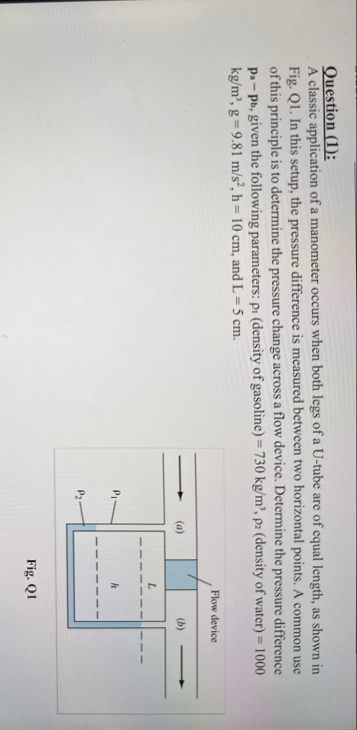 Solved Question (1):A classic application of a manometer | Chegg.com