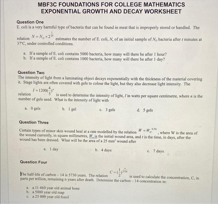 Solved MBF3C FOUNDATIONS FOR COLLEGE MATHEMATICS EXPONENTIAL | Chegg.com