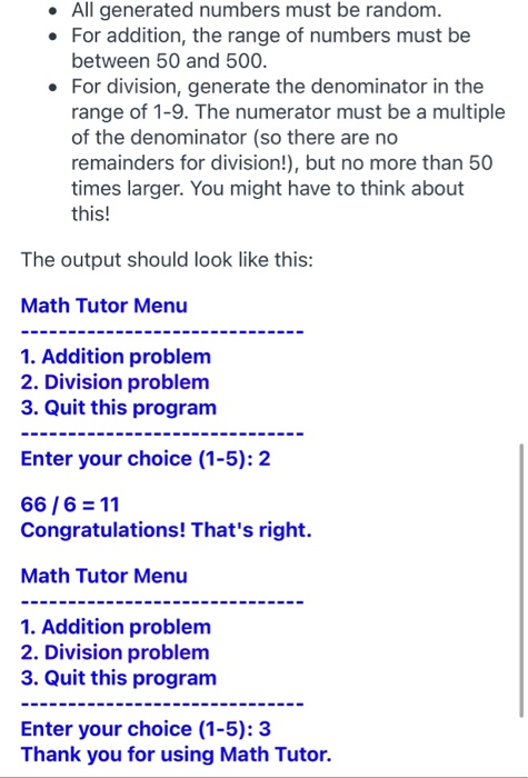 Solved • All generated numbers must be random. • For | Chegg.com