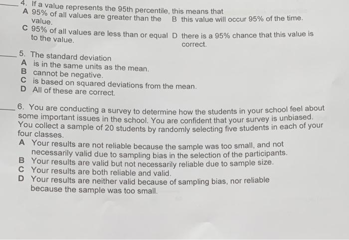 Solved 4. If a value represents the 95th percentile, this | Chegg.com