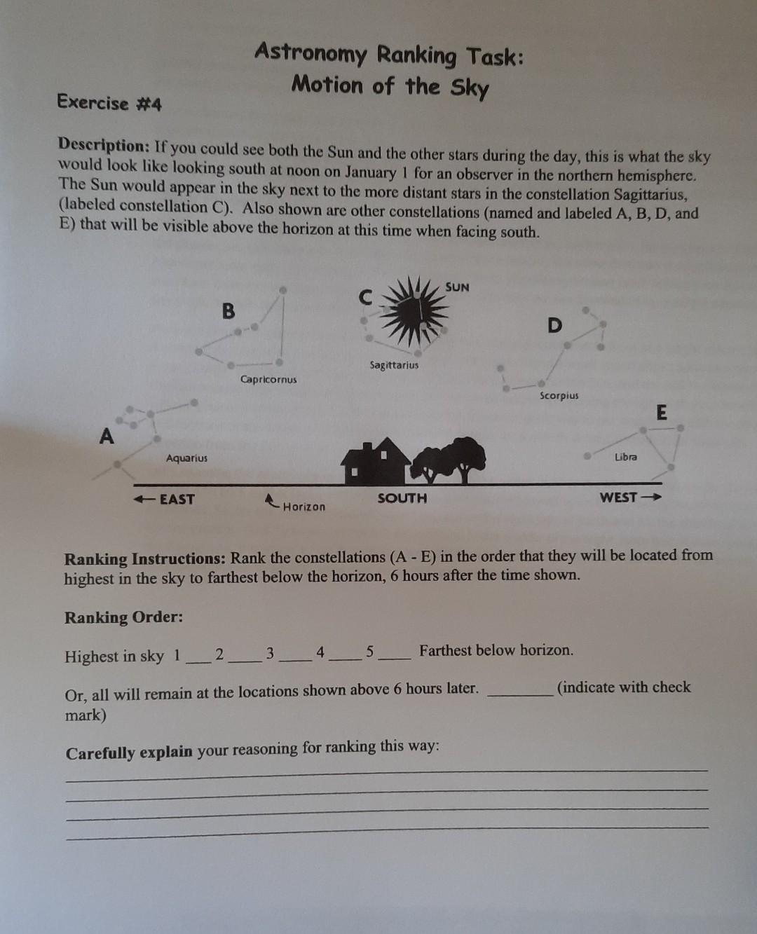 Solved Astronomy Ranking Task: Motion of the Sky Exercise #4 | Chegg.com